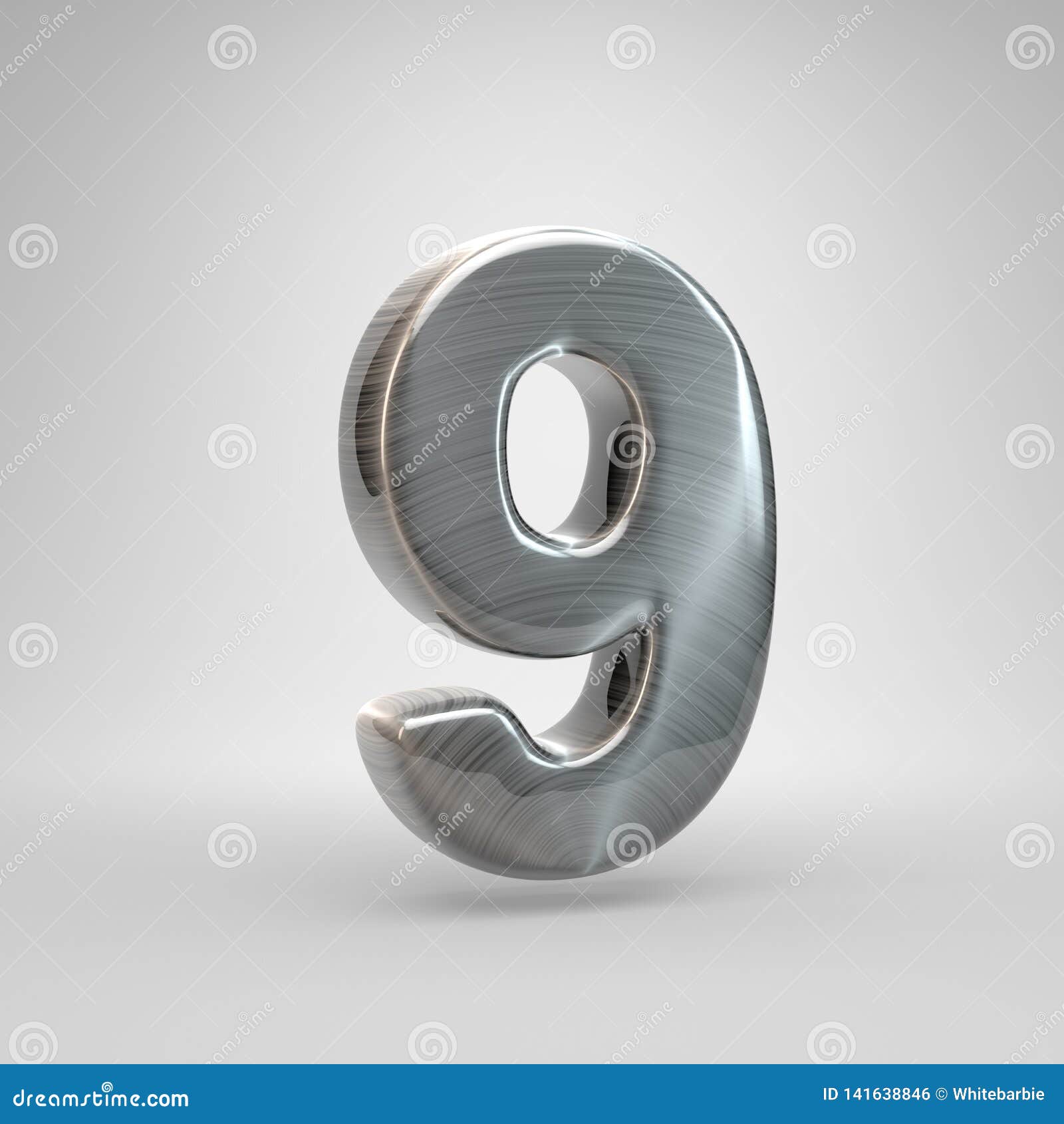 Brushed Metal Number 9. 3D Render Shiny Metal Font Isolated on White ...