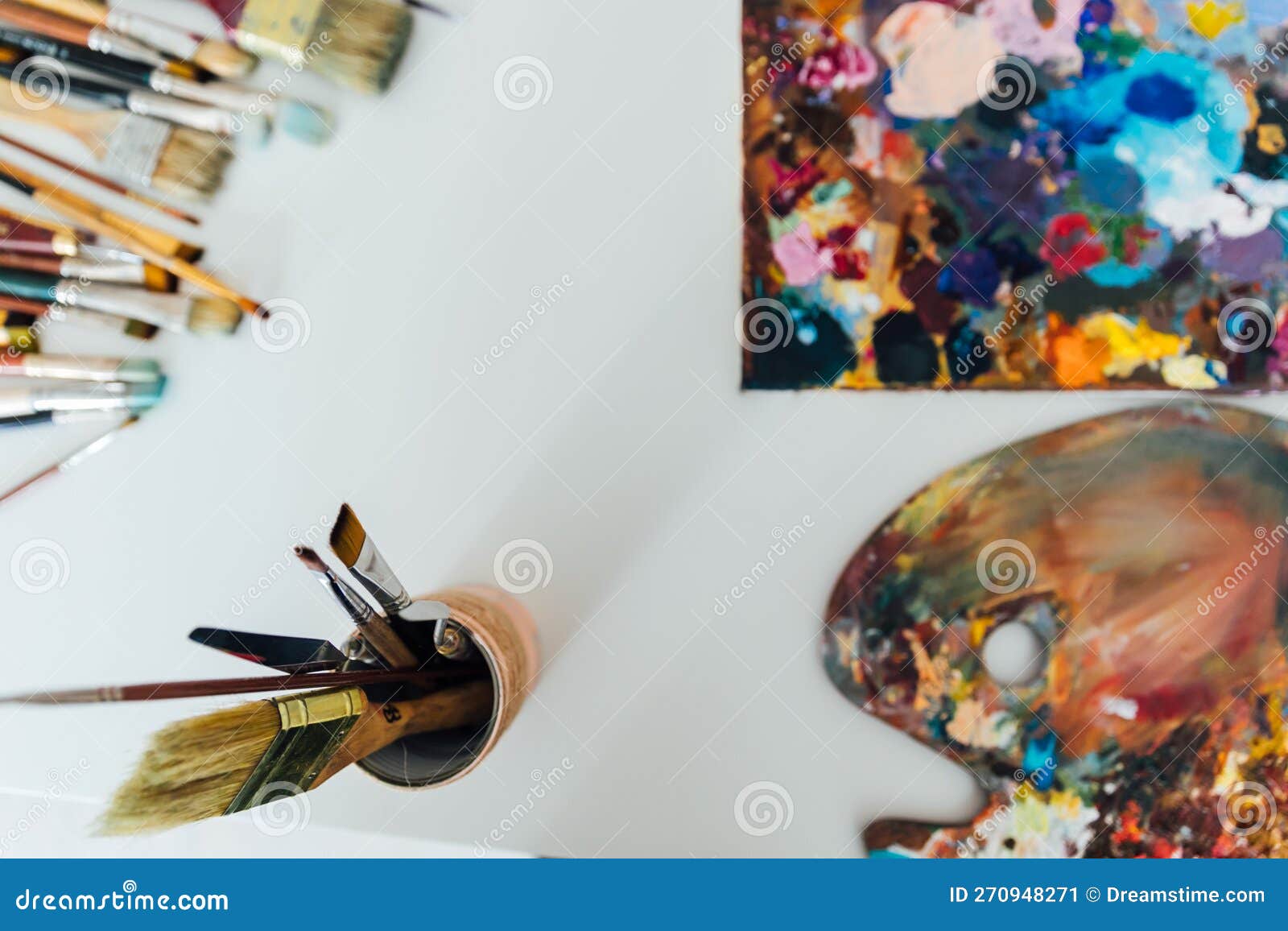 Brushes for Drawing Palette with Paints Different Colors Art Stock ...