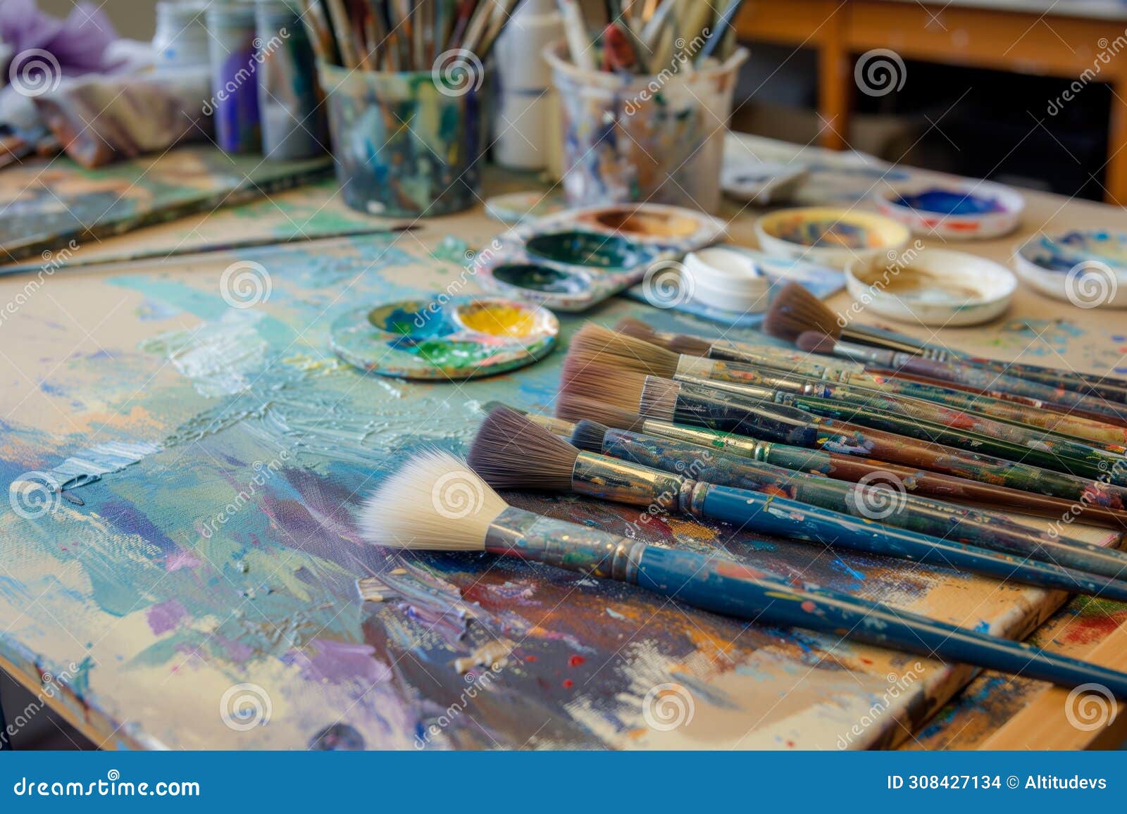 Brushes and Palettes on Artists Work Table Stock Photo - Image of color ...