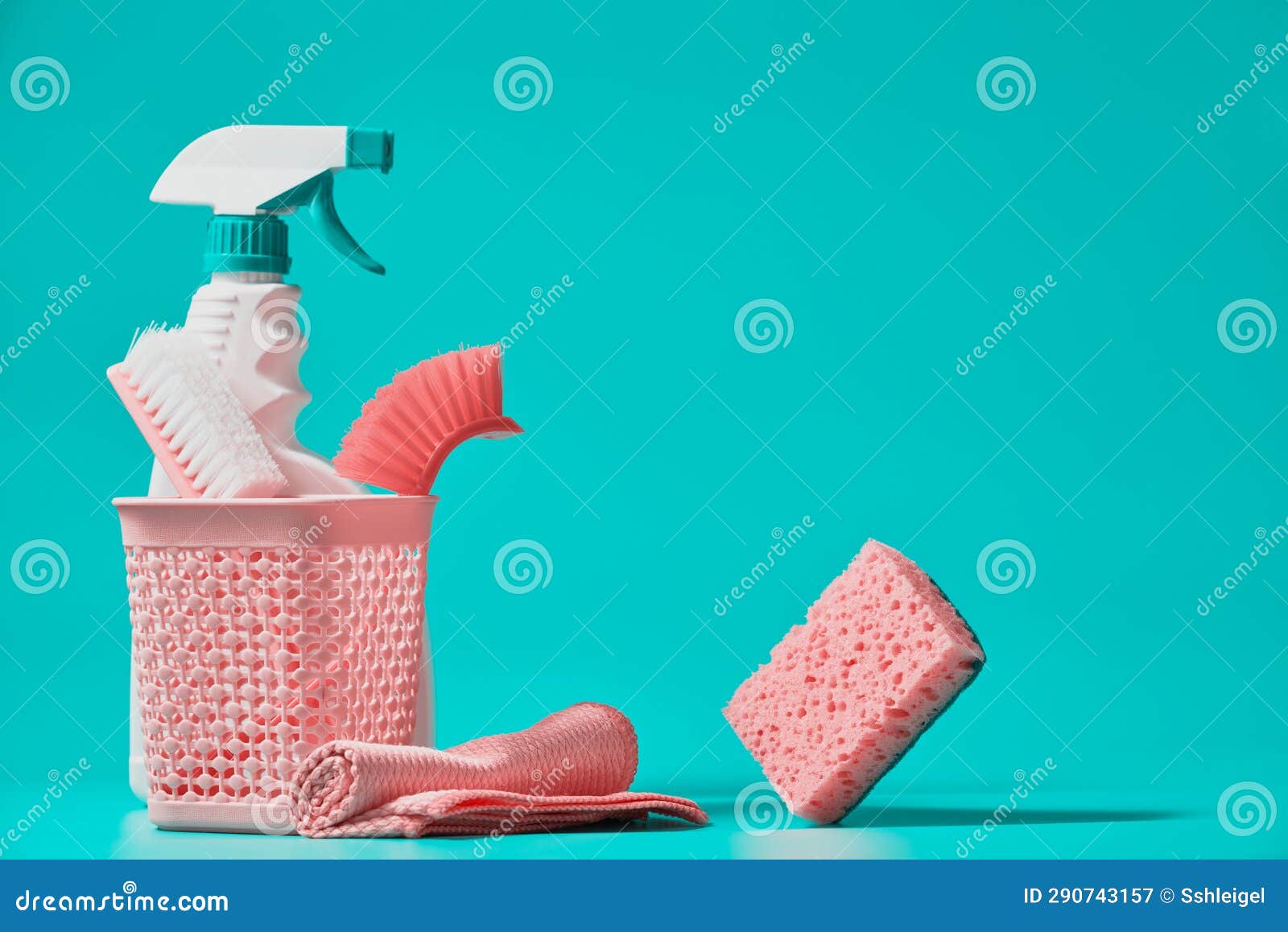 Brushes, a Sponge and a Bottle of Cleaning Spray on a Green Backdrop ...