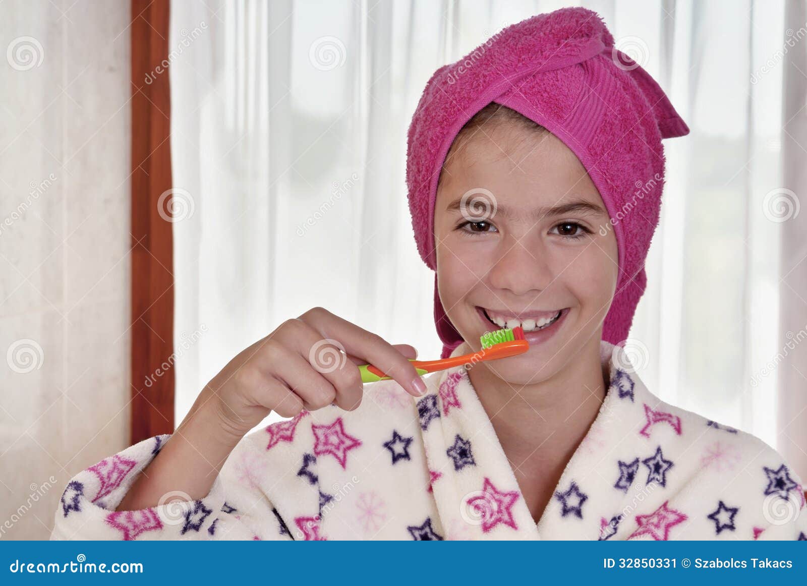 Brushing Teeth in Bath Robe Stock Image - Image of beauty, camera: 32850331