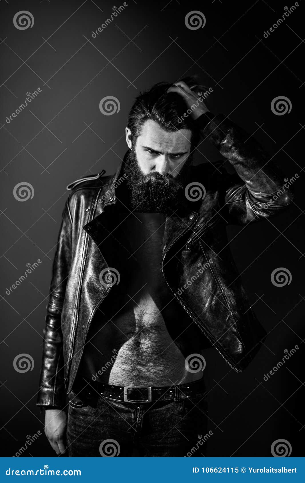 Brutal Angry Biker on a Dark Background. Stock Image - Image of denim ...
