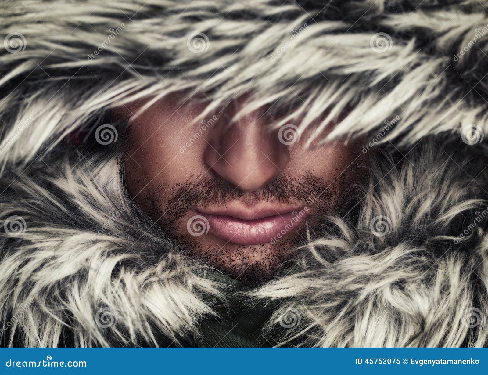 Brutal Face of Man with Beard Bristles and Hooded Winter Stock Image ...