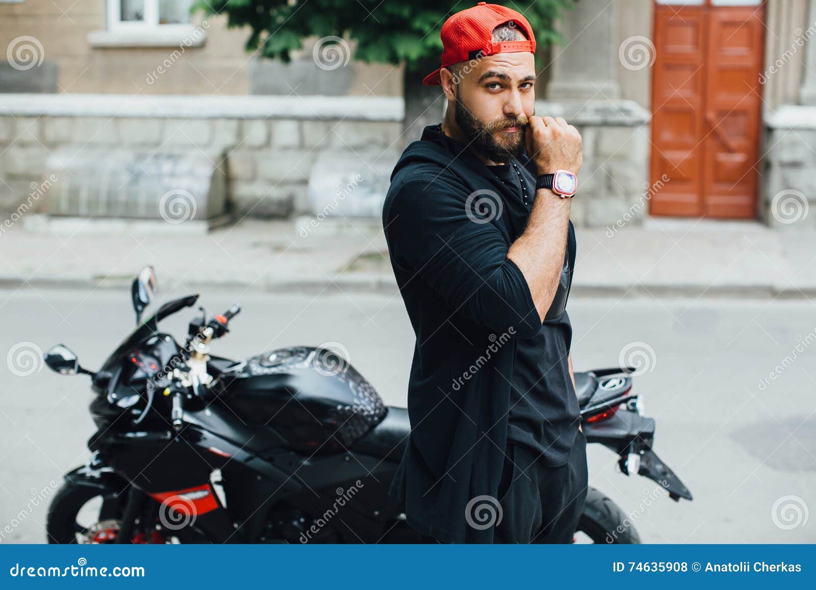 Brutal and Muscular Beard Biker on the Motorcycle Stock Photo - Image ...