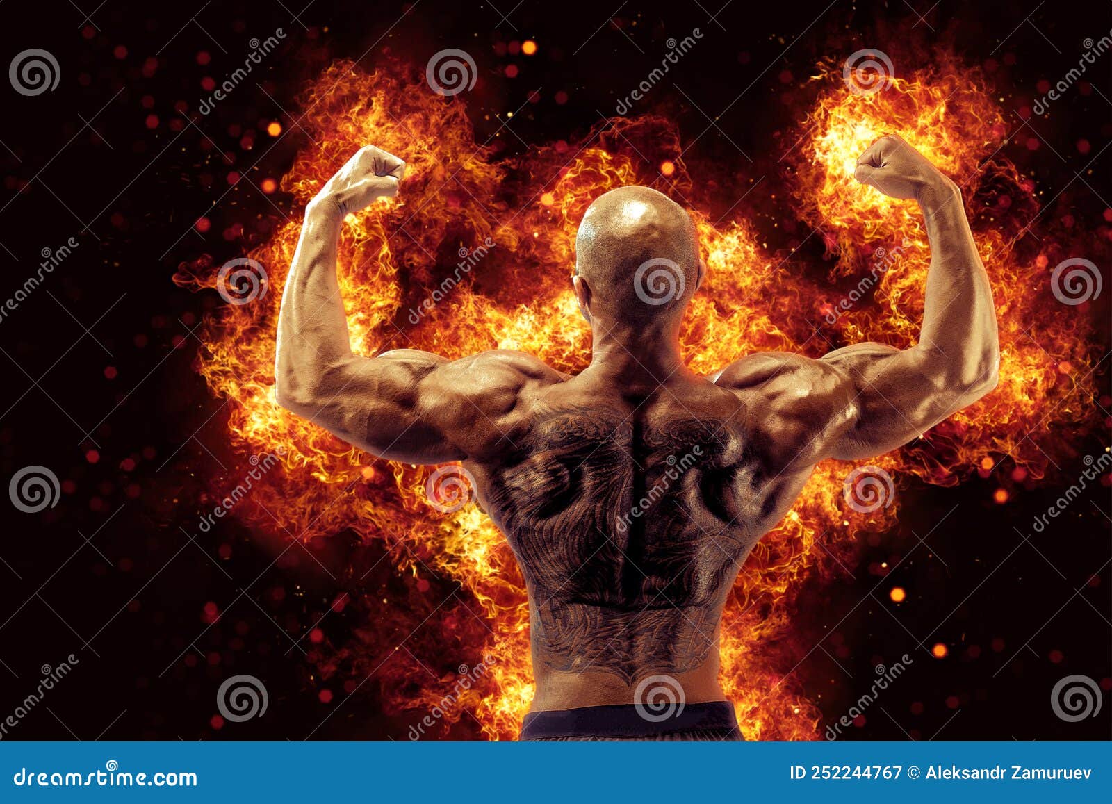 Brutal Strong Athletic Bodybuilder Posing. Fire and Spark Explosion in ...
