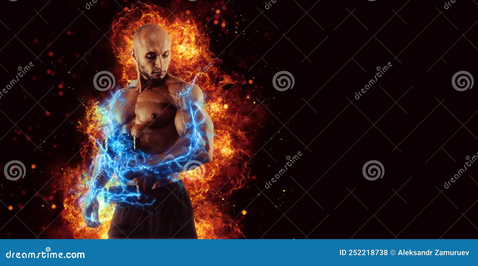 Brutal Strong Athletic Bodybuilder Posing. Fire and Spark Explosion in ...