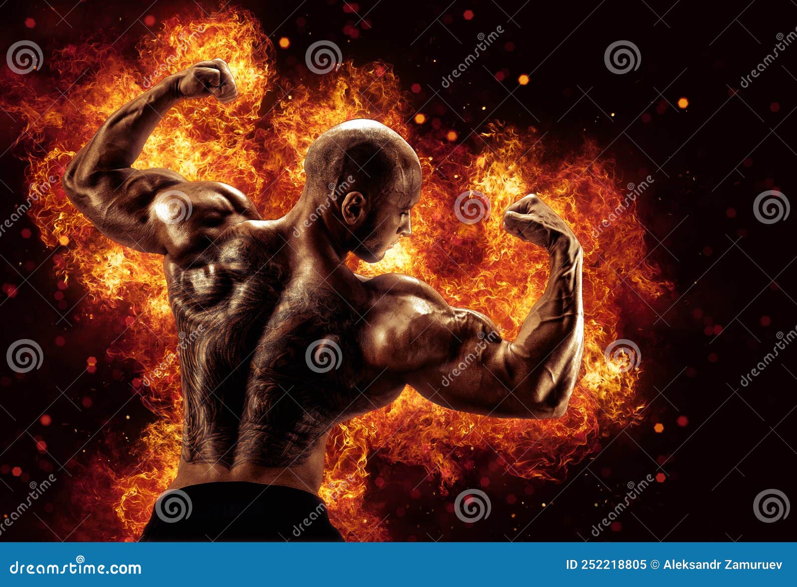 Brutal Strong Athletic Bodybuilder Posing. Fire and Spark Explosion in ...