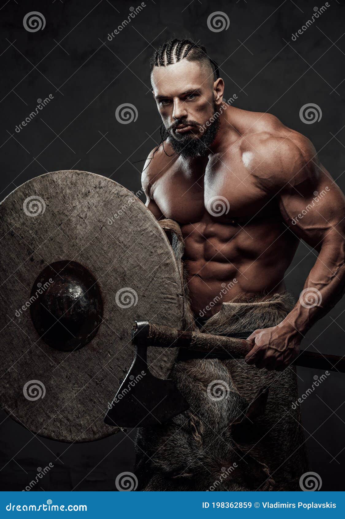 Brutal Viking Posing Holding Shield and an Axe in Studio Stock Image ...