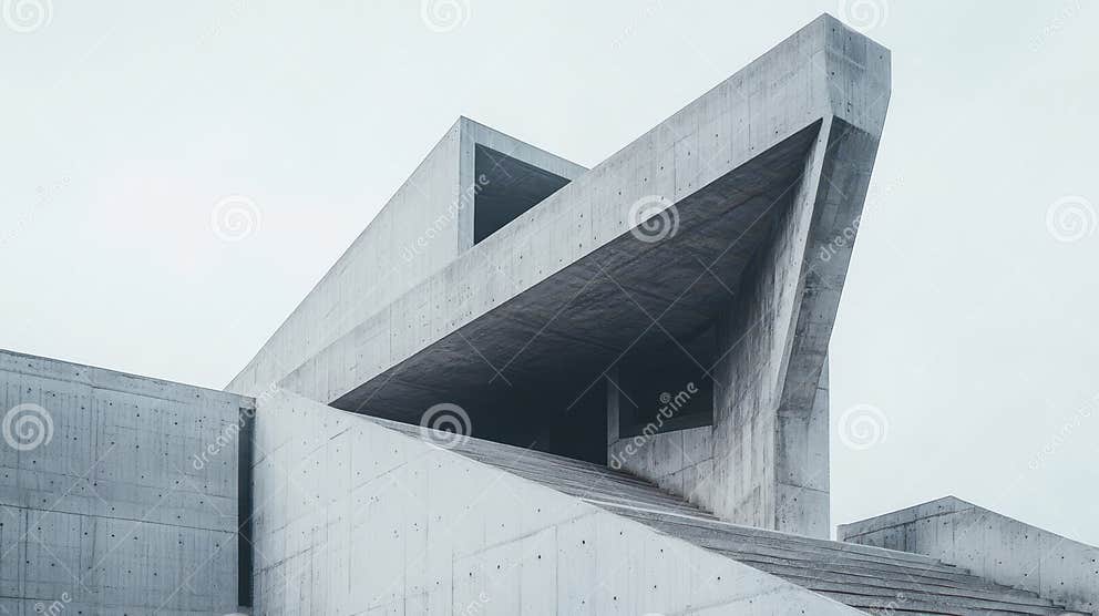 Brutalist Concrete Structure with Bold Angles and Minimalist Design Under a Grey Sky Stock ...