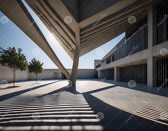 Brutalist Courtyard with Artistic Shadow Grid Stock Image - Image of ...