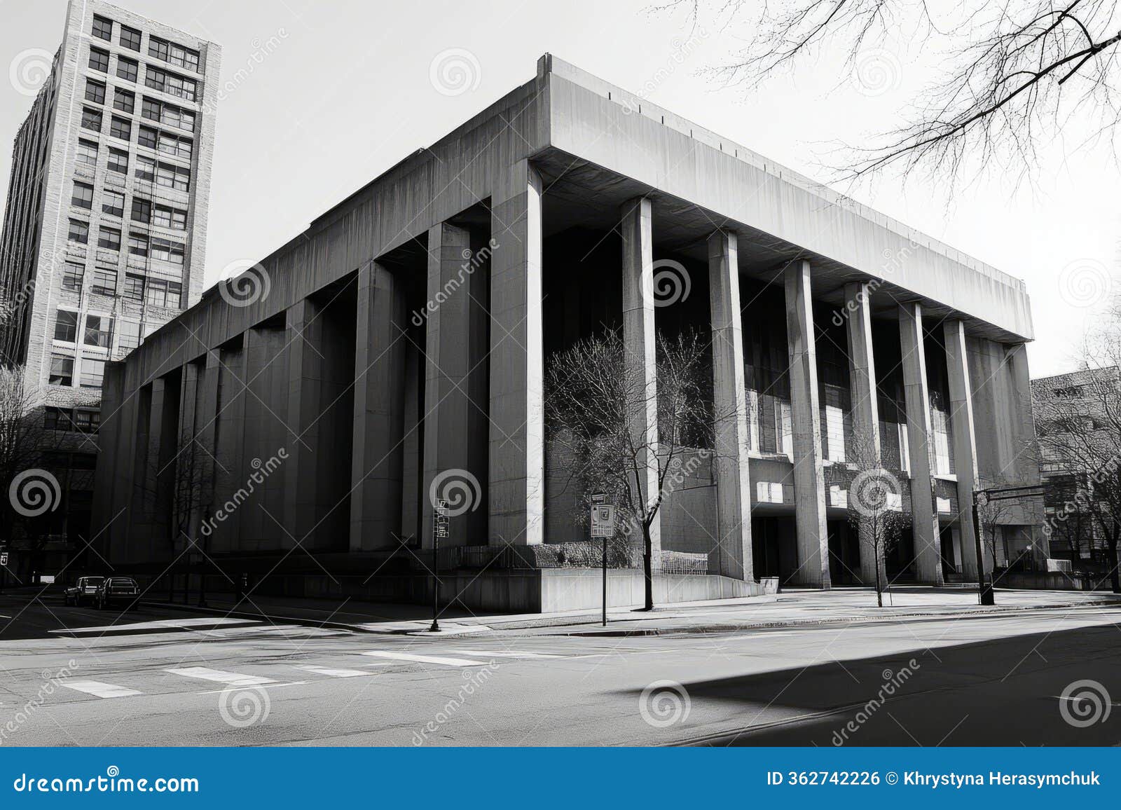 A Brutalist Government Building with Imposing Columns, Deep Geometric ...