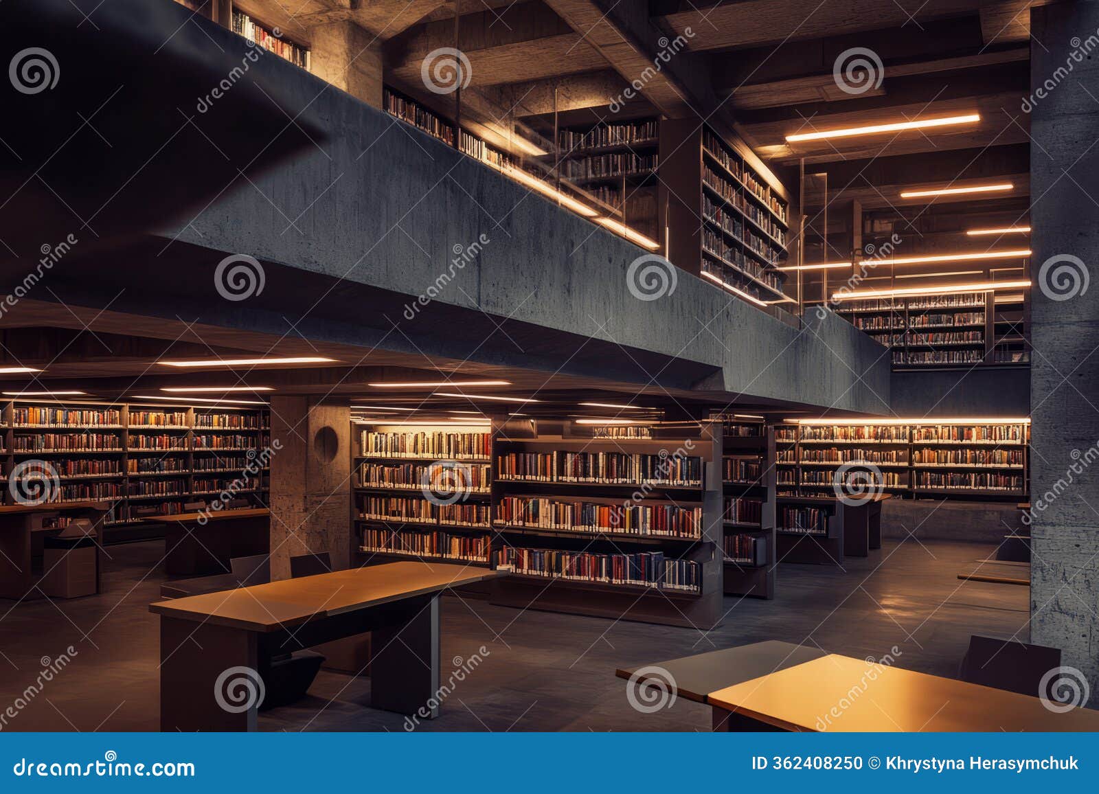 A Brutalist Library with Massive Concrete Shelves, Dim Lighting, and a ...