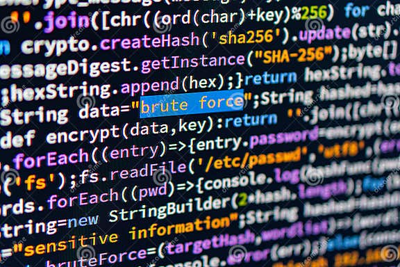 Brute Force. a Vibrant Code Cascade on a Black Background, Highlighted ...