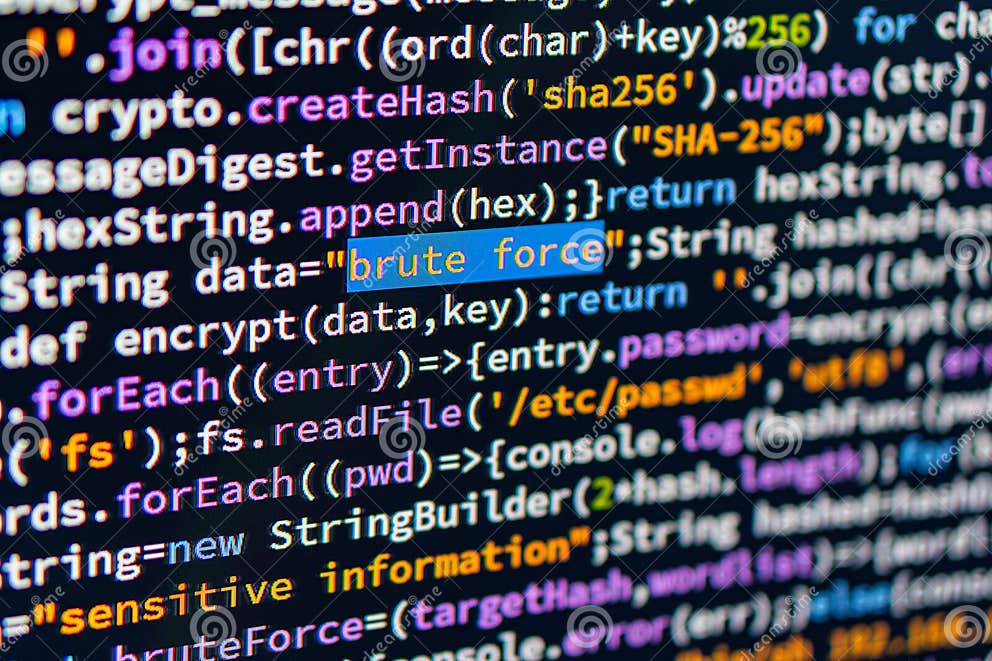 Brute Force. a Vibrant Code Cascade on a Black Background, Highlighted ...
