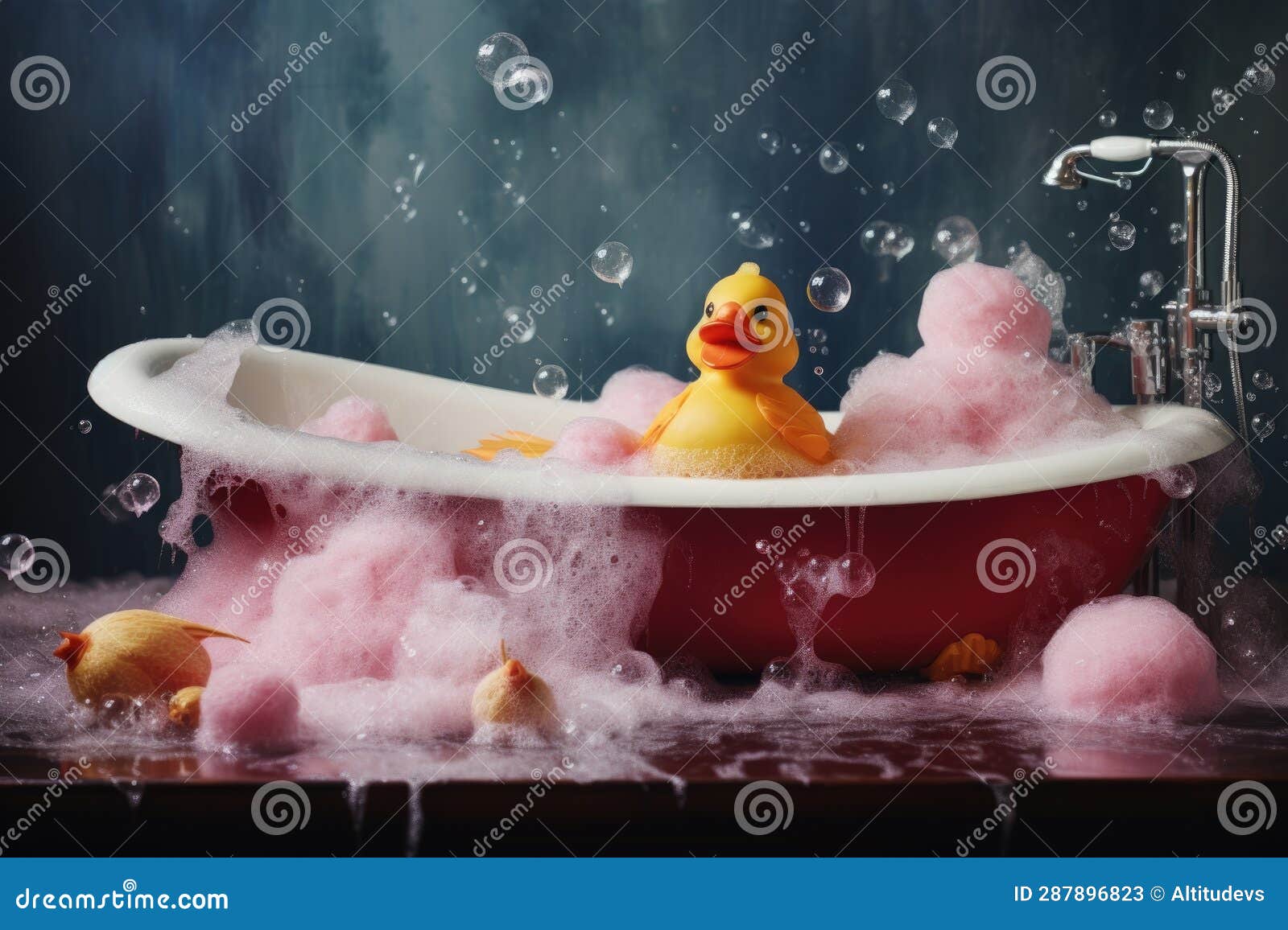 A Bubble Bath With Floating Rubber Duck And Bath Salts Royalty-Free ...