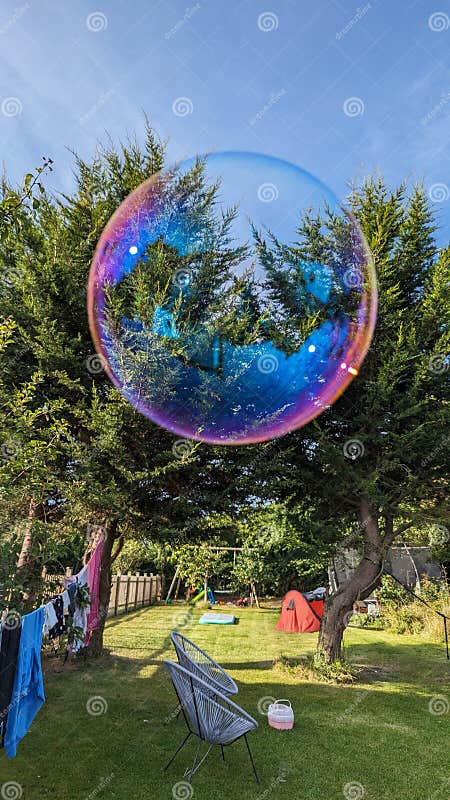 A Bubble Floating High in the Back Garden in Front of the Trees Stock ...