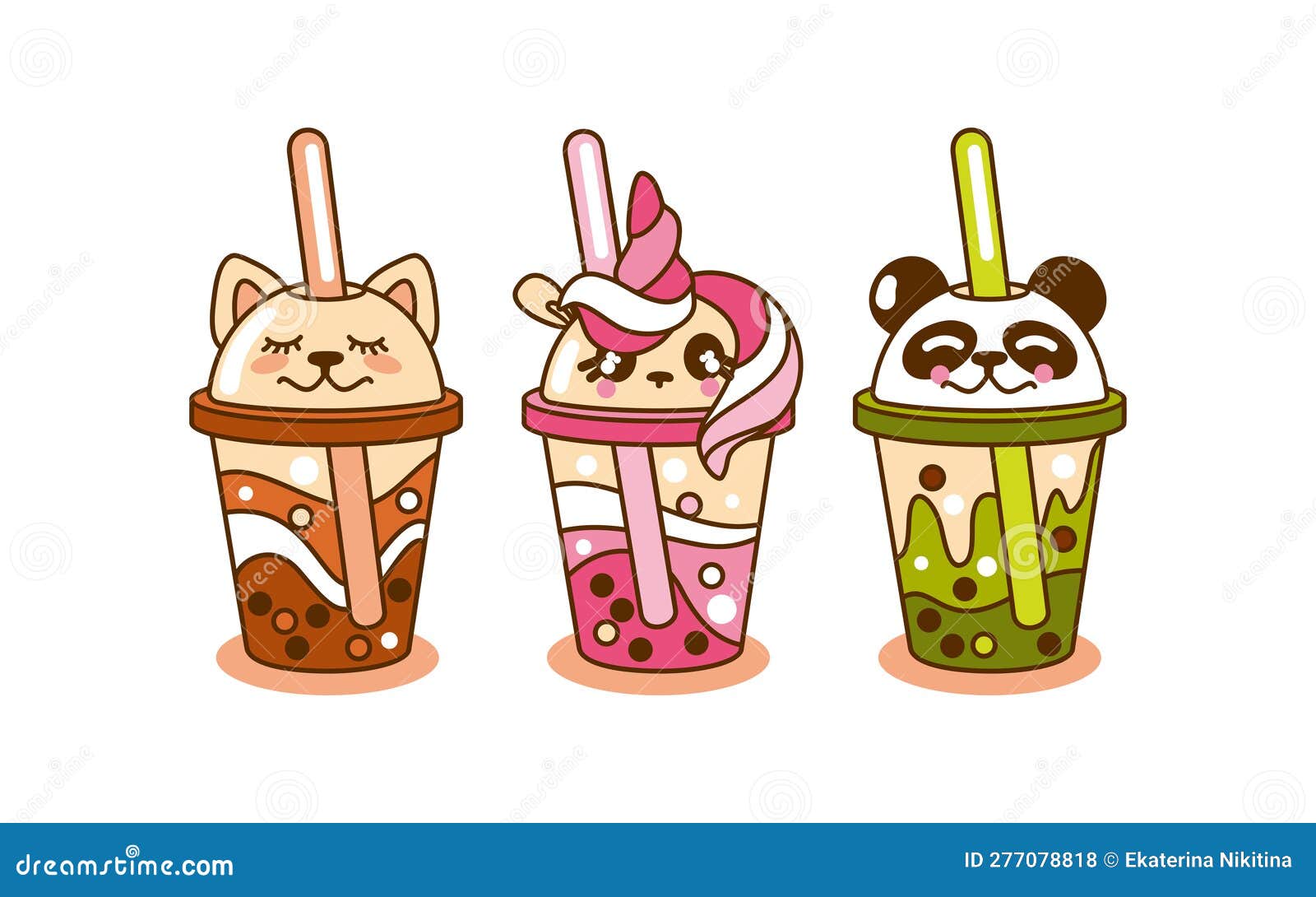 Bubble Milk Tea with Cute Cups. Set of Illustration Fresh Drink Stock ...