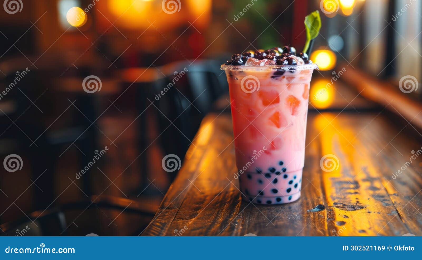Bubble Tea Asian Sweet Tapioca Pearls Drink on Table of Night Cafe ...