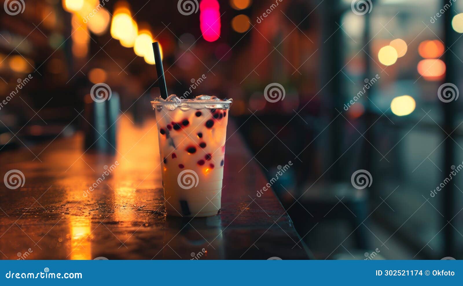 Bubble Tea Asian Sweet Tapioca Pearls Drink on Table of Night Cafe ...