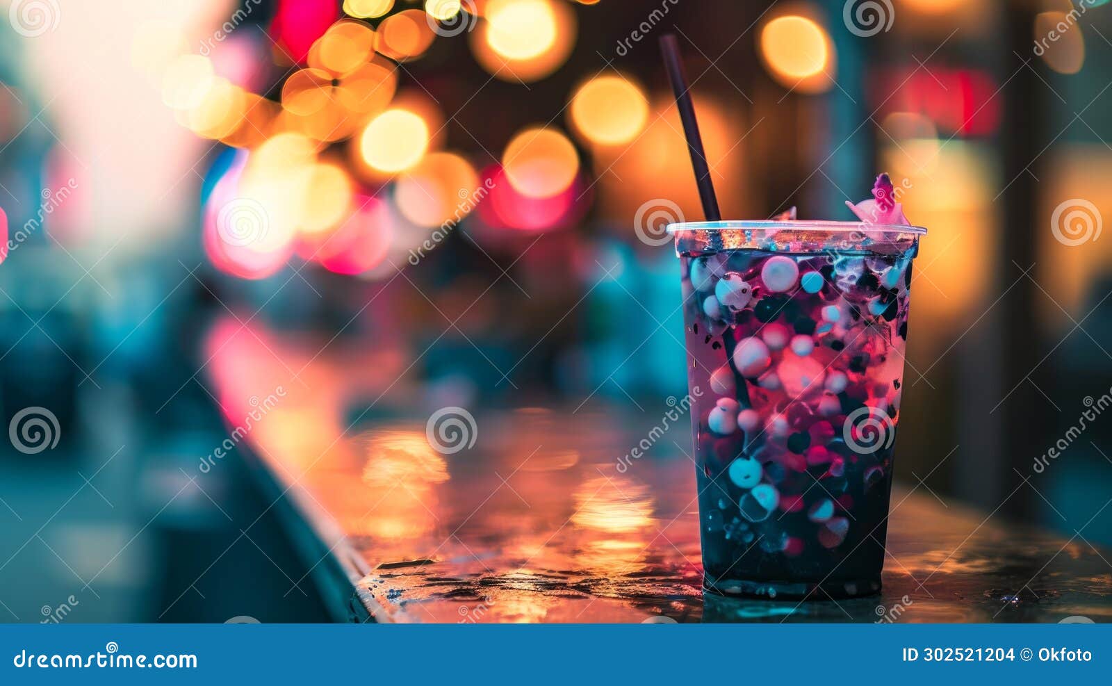 Bubble Tea Asian Sweet Tapioca Pearls Drink on Table of Night Cafe ...