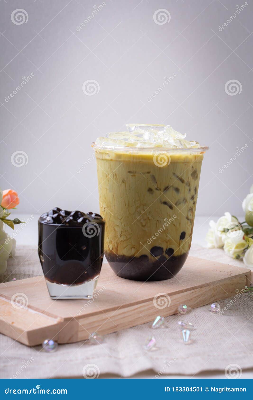 Bubble Tea in Plastic Cups on a Wooden Plate Stock Image - Image of ...