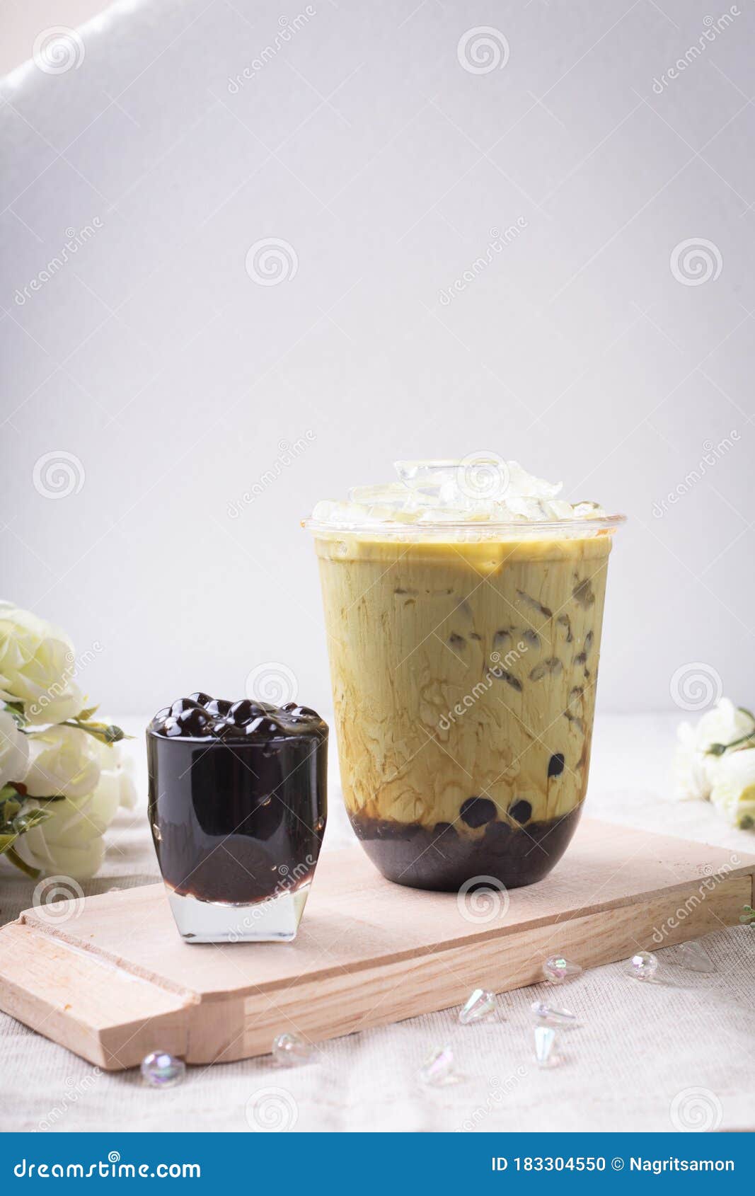 Bubble Tea in Plastic Cups on a Wooden Plate Stock Photo - Image of ...