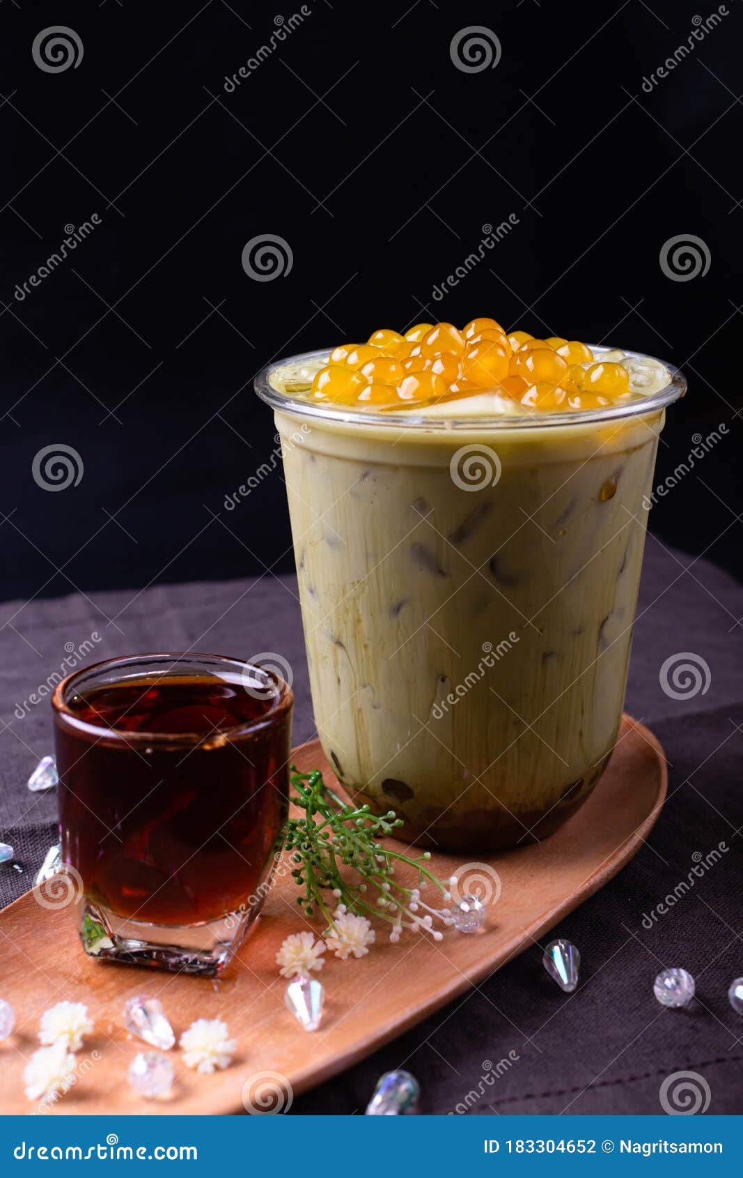 Bubble Tea in Plastic Cups on a Wooden Plate Stock Photo - Image of ...