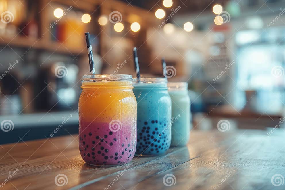 Bubble Tea Presentation, Iced Tea in Colorful Jars on a Rustic Table ...