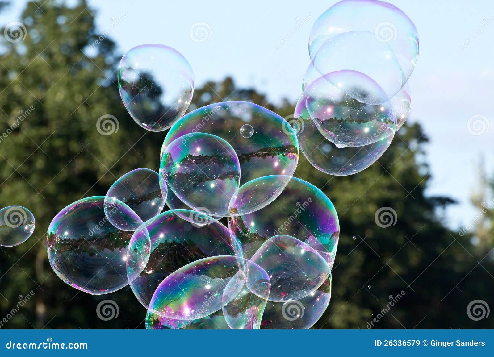 Bubbles Against Green Trees and Sky Stock Image - Image of colorful ...