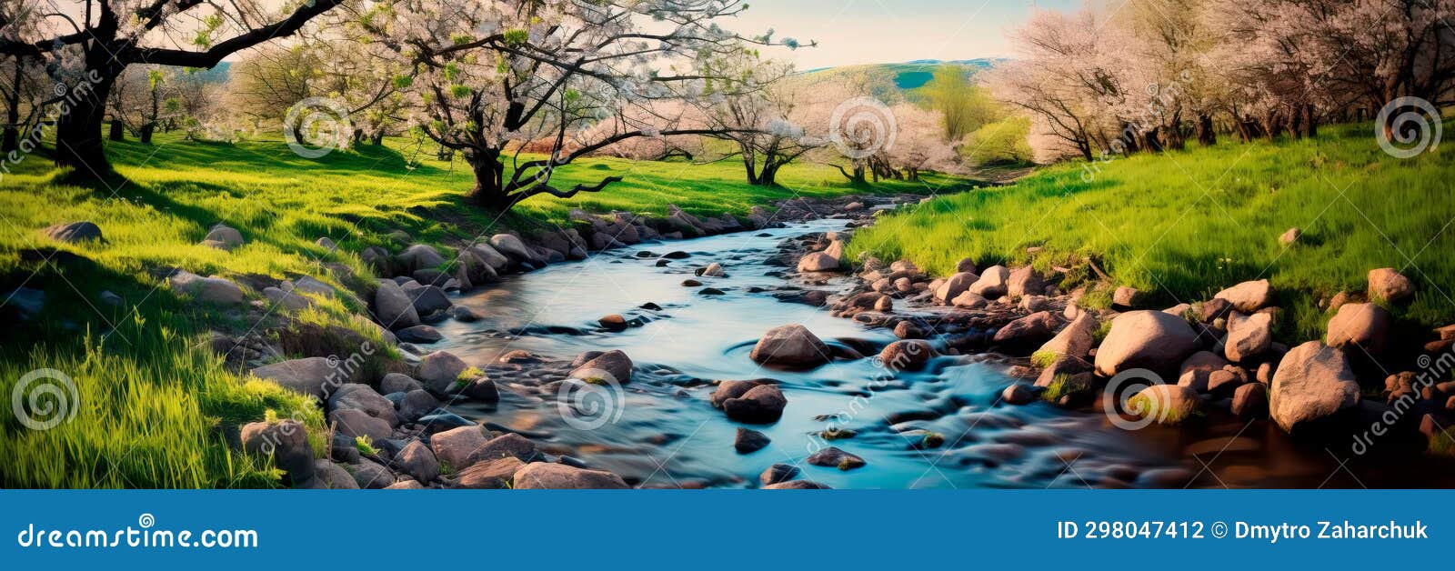 Bubbling Brook Surrounded by Blossoming Trees, Capturing the Soothing ...