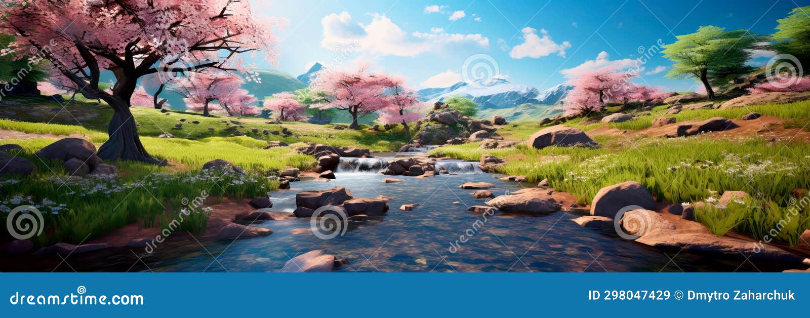 Bubbling Brook Surrounded by Blossoming Trees, Capturing the Soothing ...