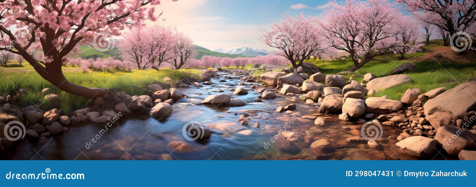 Bubbling Brook Surrounded by Blossoming Trees, Capturing the Soothing ...
