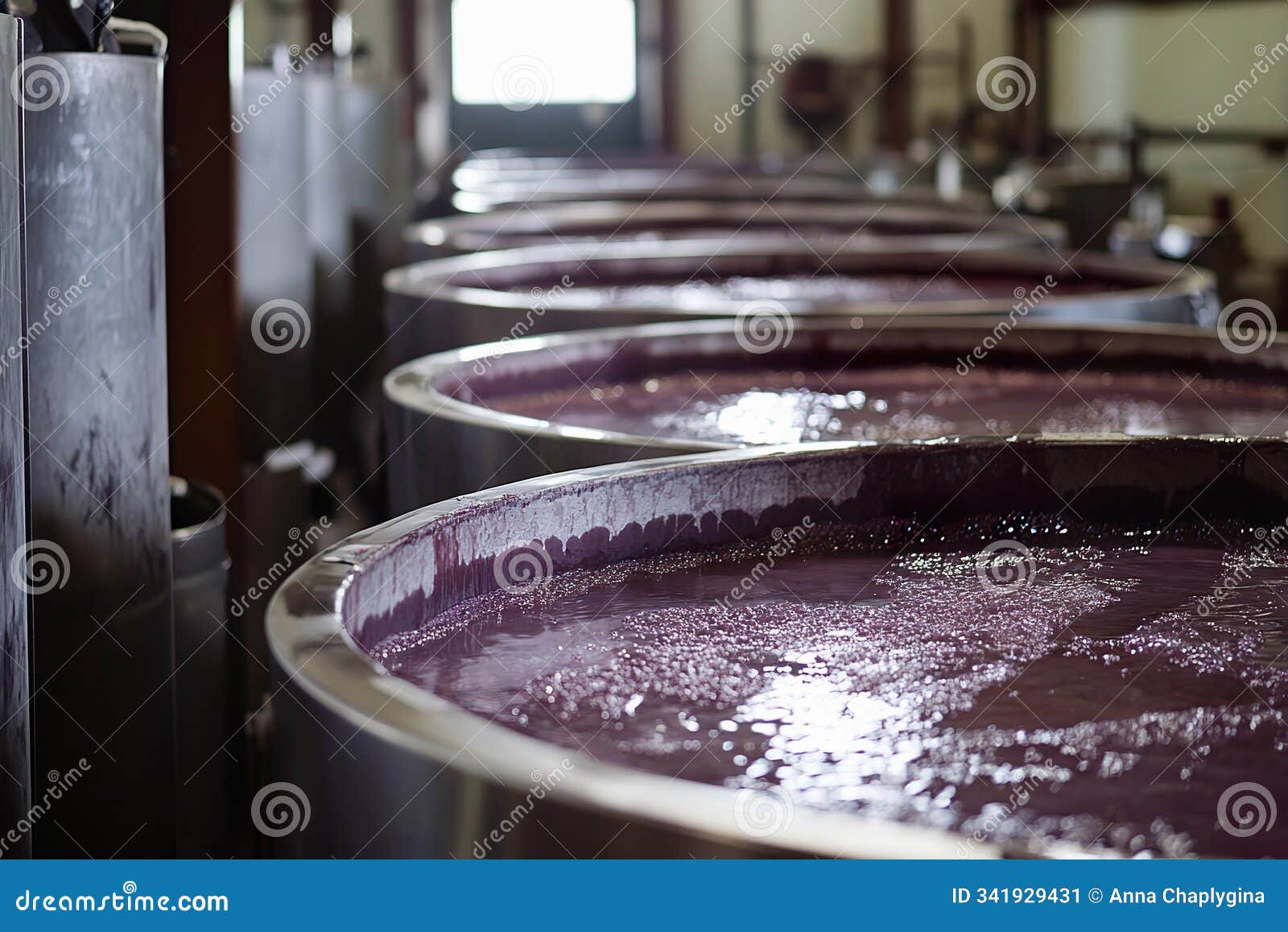 Bubbling Fermentation Process in Winery with Stainless Steel Vats and ...