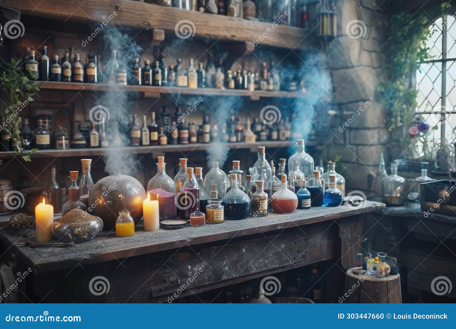 A Mystical Set Of Alchemy Flasks Filled With Cyan And Purple Shades ...