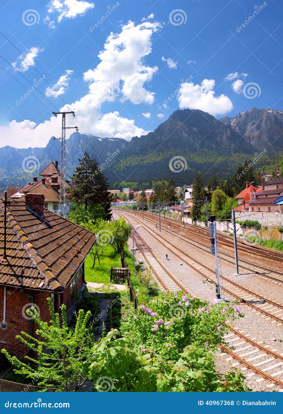 Bucegi Mountain View and Train Station in Busteni, Romania Stock Photo ...