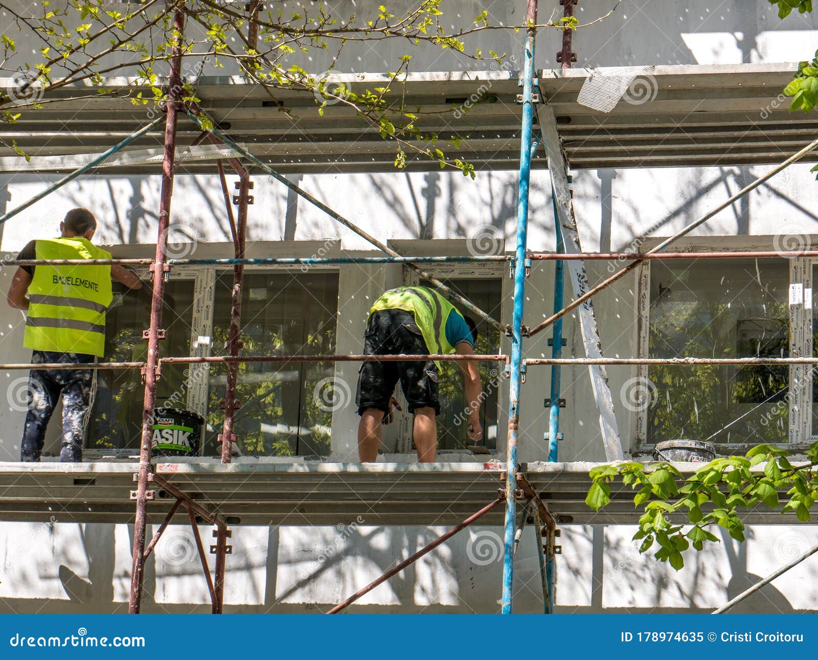 Workers On Scaffold Platform Tied Rebar And Steel Bars 2 Royalty-Free ...