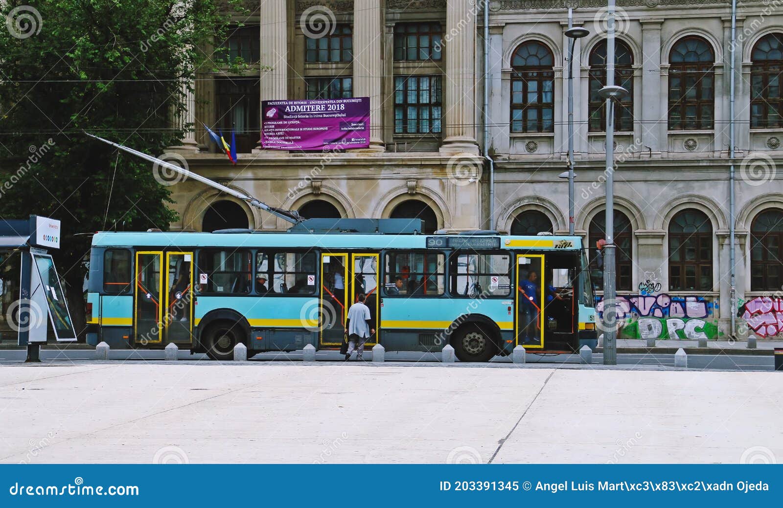 An Old Trolleybus on the University Square in Bucharest. Editorial ...