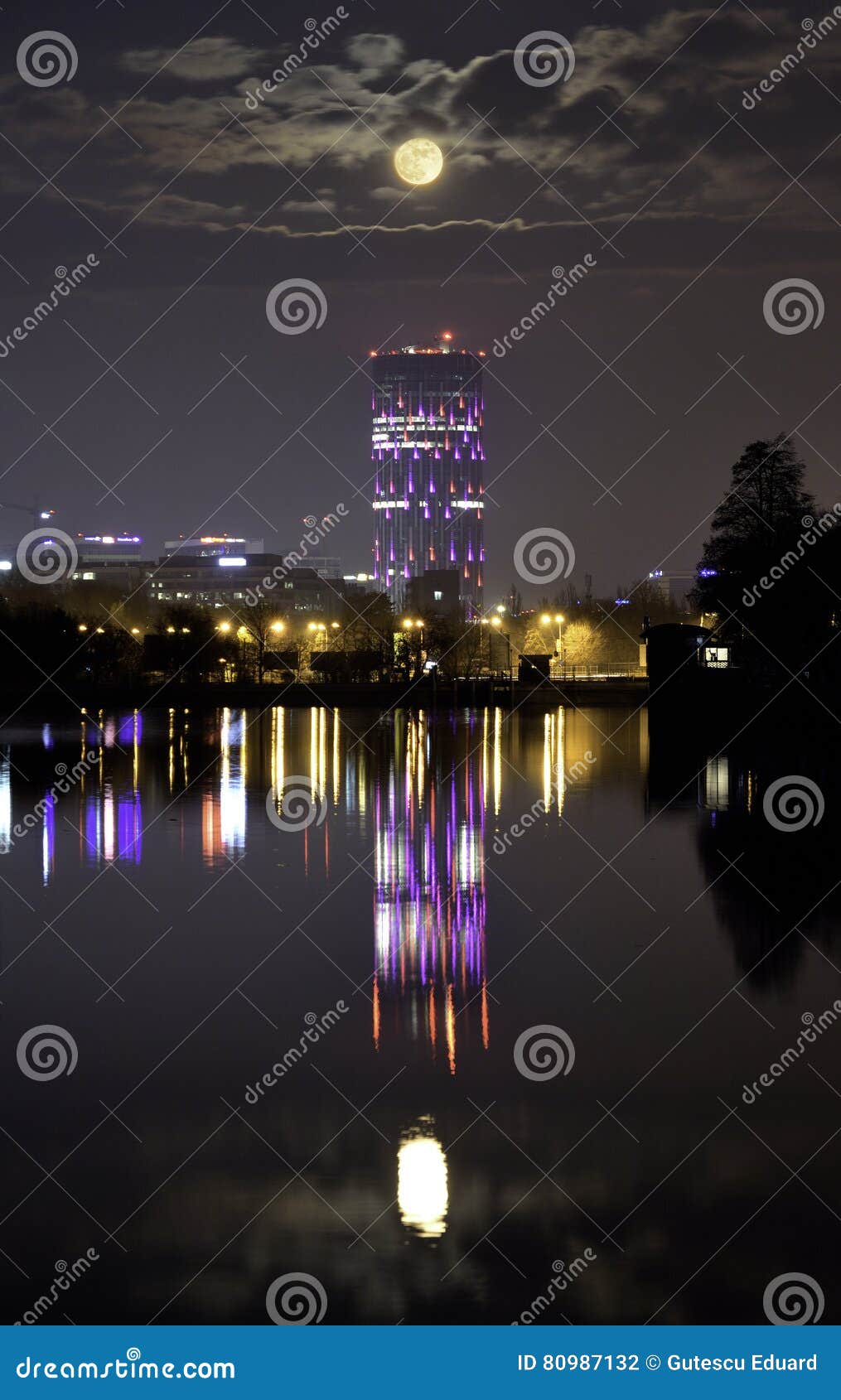 BUCHAREST SKYTOWER with FULL MOON Stock Photo - Image of time ...