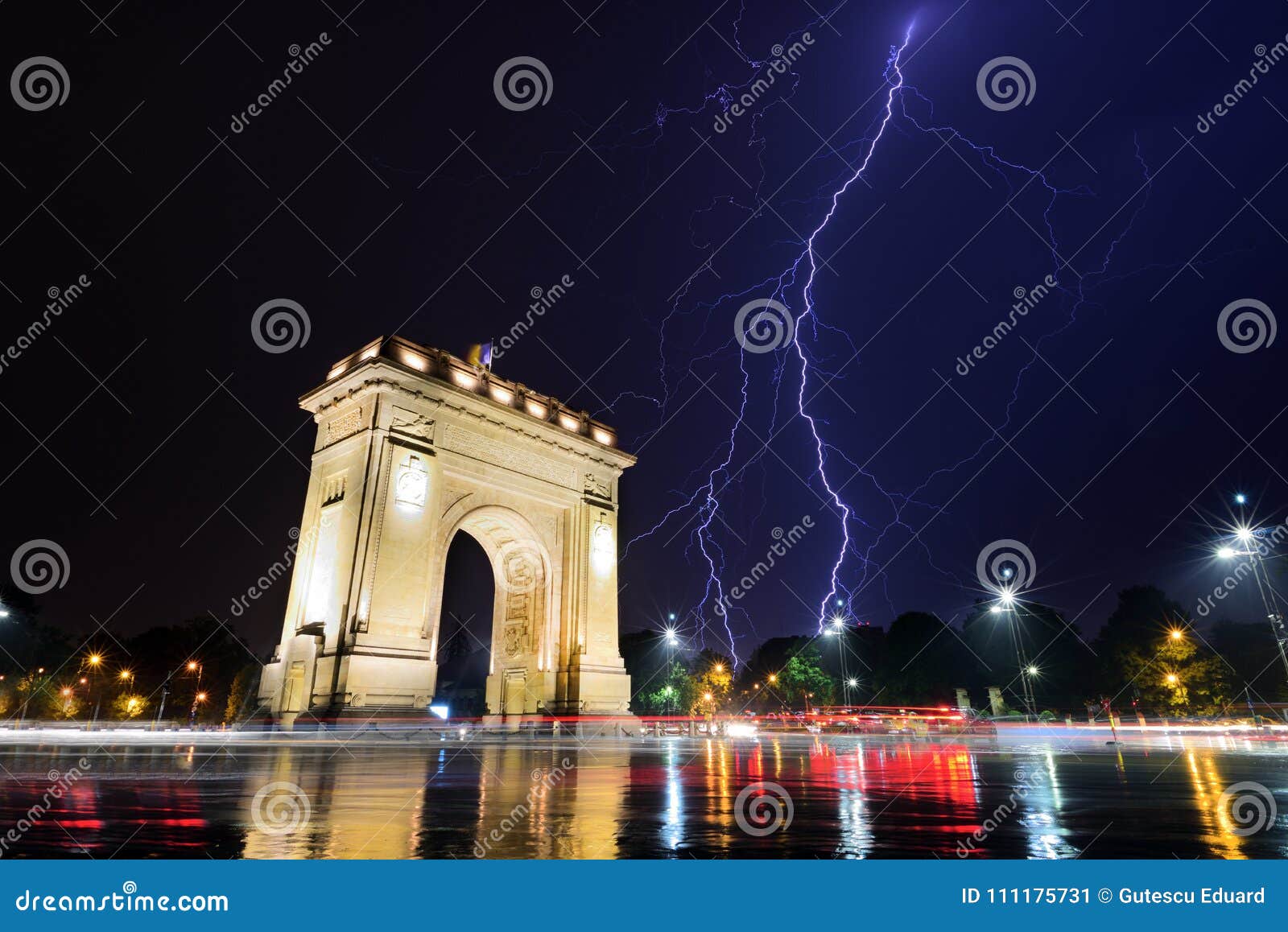 Bucharest Triumph Arch in the Light Storm by Night Stock Image - Image ...
