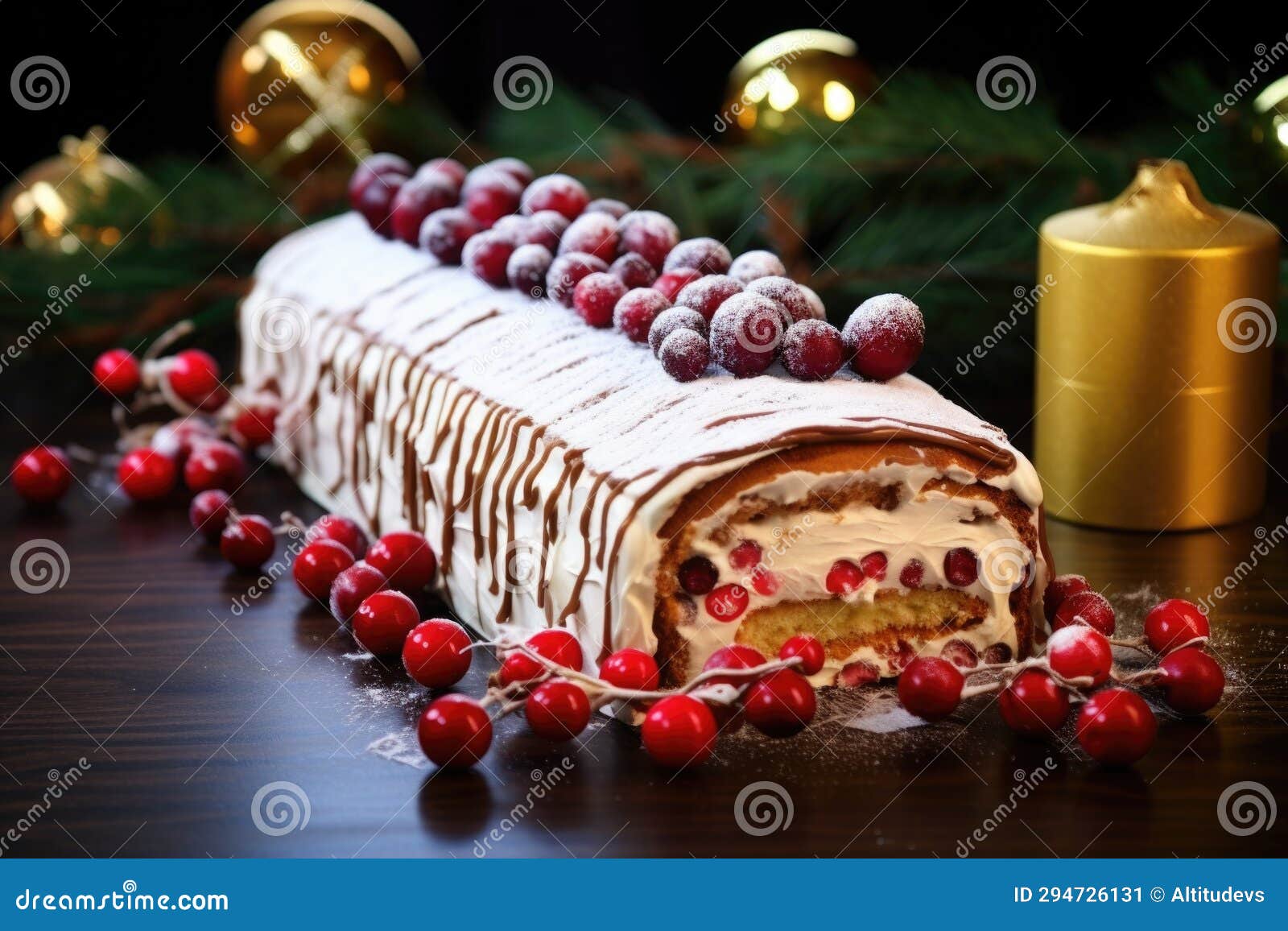 A Buche De Noel on a Table with Christmas Decorations Stock Image ...