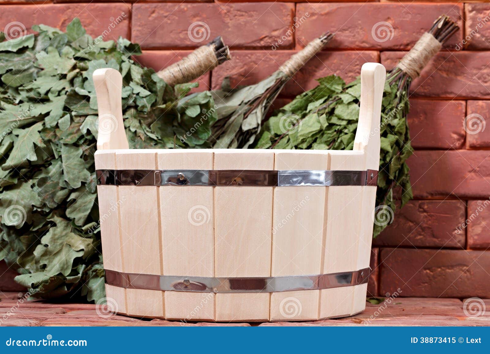 Bucket for a Bath on a Brick Surface. Stock Image - Image of wood, bath ...