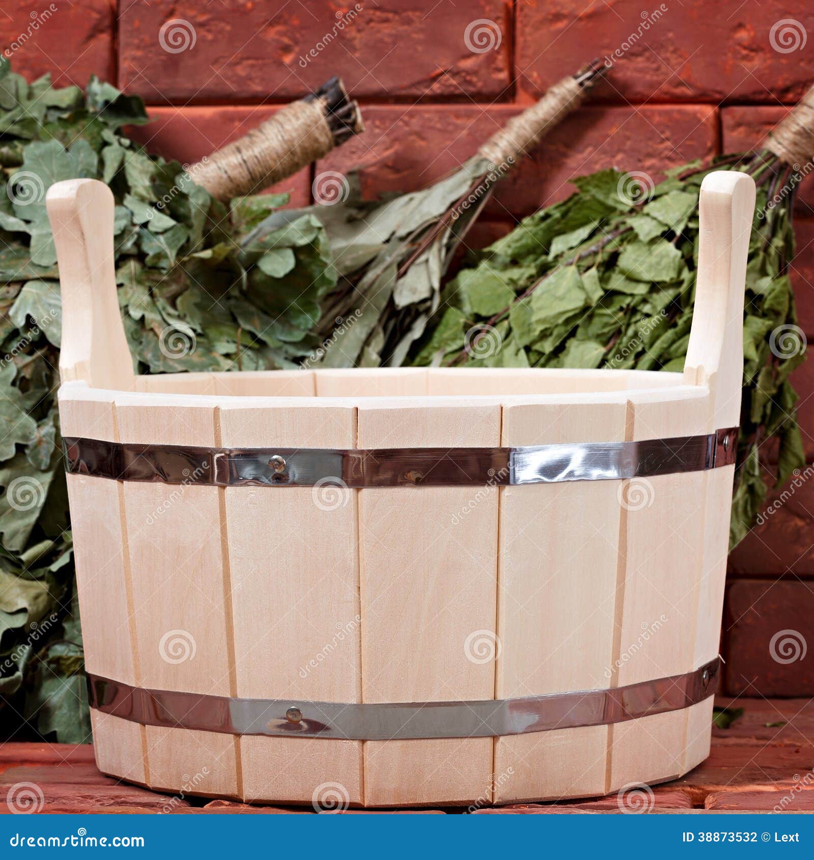 Bucket for a Bath on a Brick Surface. Stock Photo - Image of warm ...