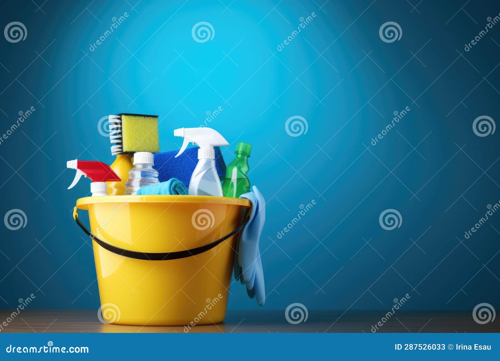 Bucket with Cleaning Products on the Table on a Blue Background Stock ...