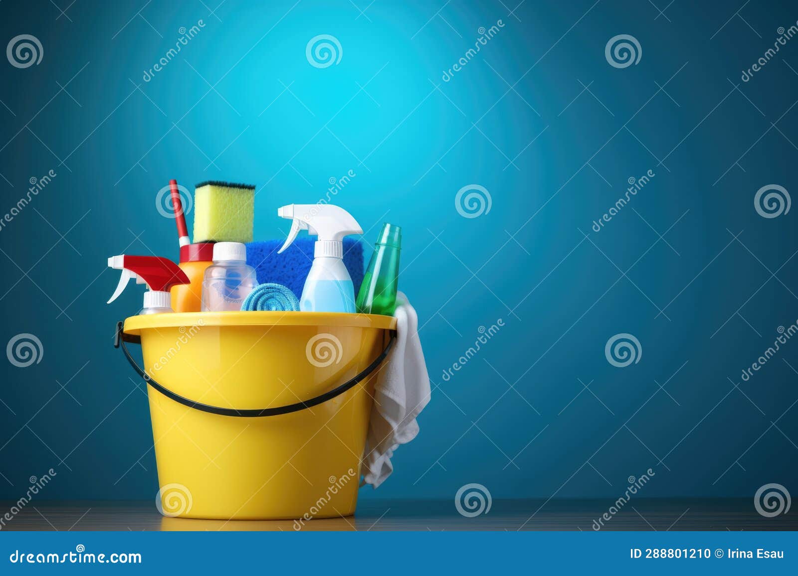 Bucket with Cleaning Products on the Table on a Blue Background Stock ...