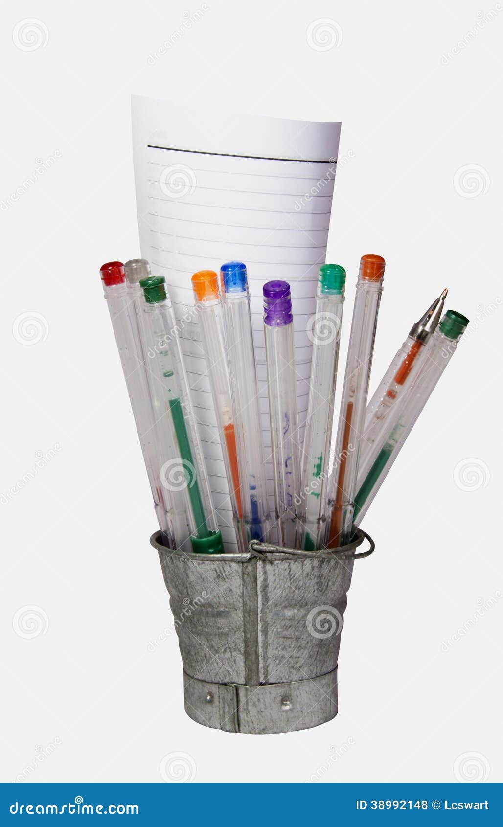 Bucket Containing Multi Pens and Note Paper Stock Photo - Image of ...
