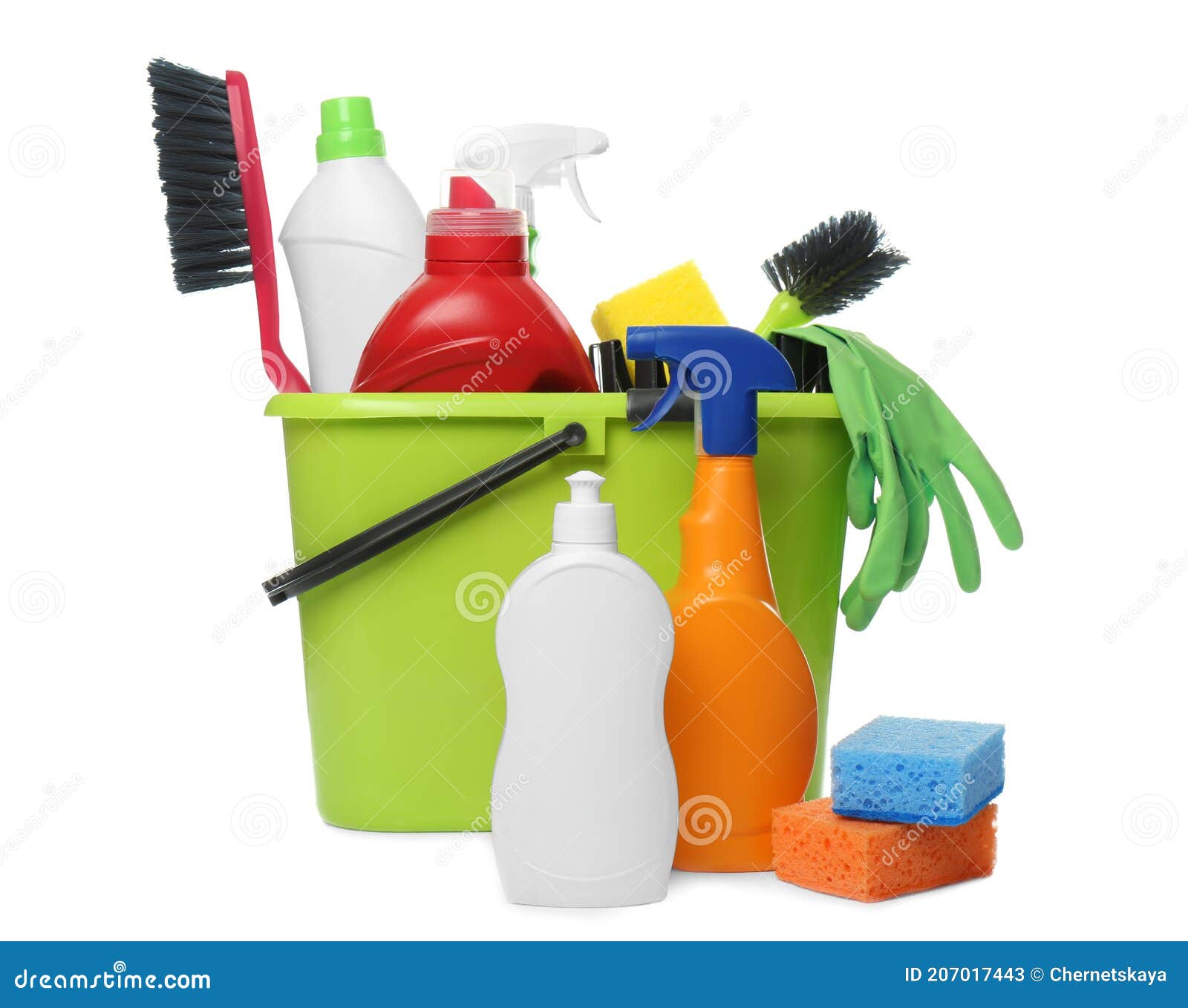 Bucket with Different Cleaning Products and Tools on White Background ...