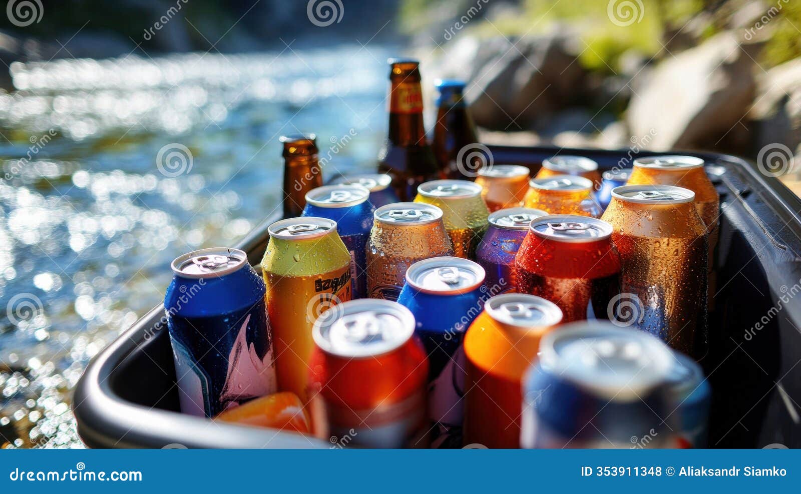 A Bucket Full of Cans of Beer Next To a River Stock Illustration ...