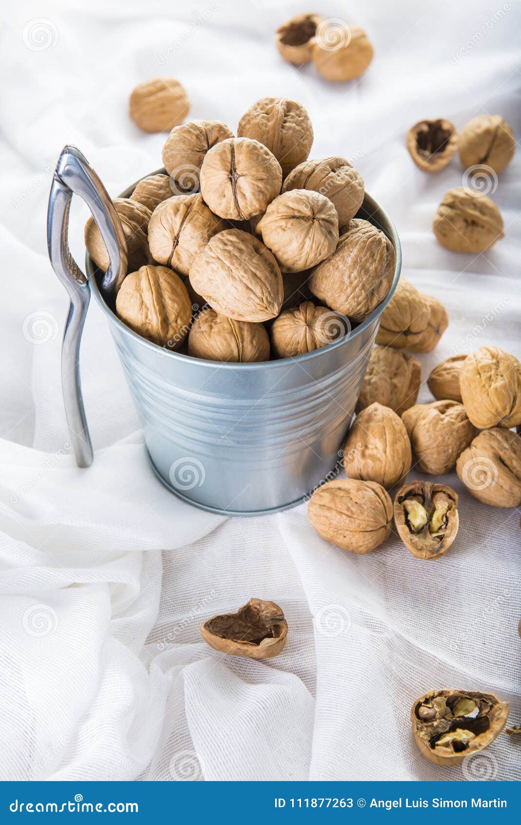 Bucket Full of Walnuts with a Nutcracker on a White Background Stock ...