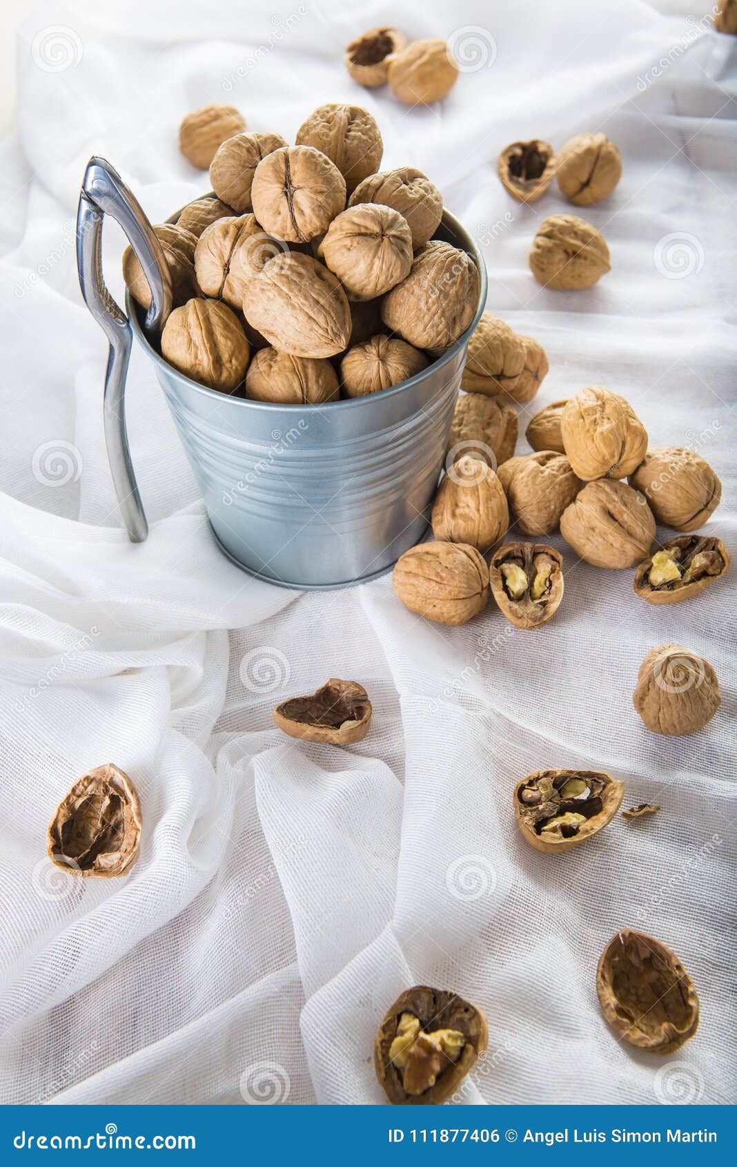 Bucket Full of Walnuts with a Nutcracker on a White Background Stock ...