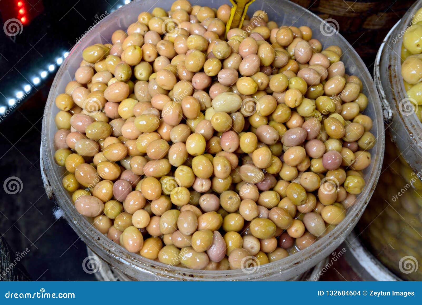 Bucket of green olives stock photo. Image of nutrition - 132684604